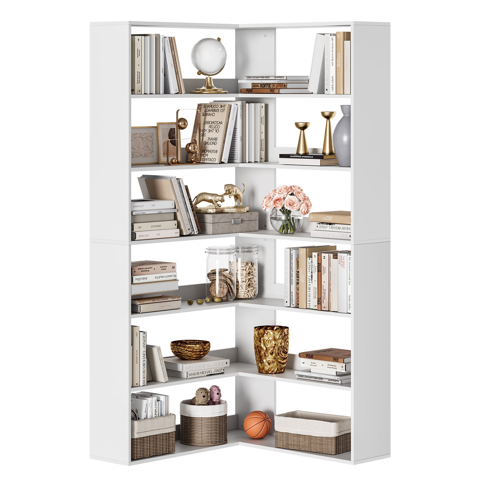 Roromall 6-Tiers L-Shaped Bookshelf, 71'' Tall Corner Shelf, Modern ...
