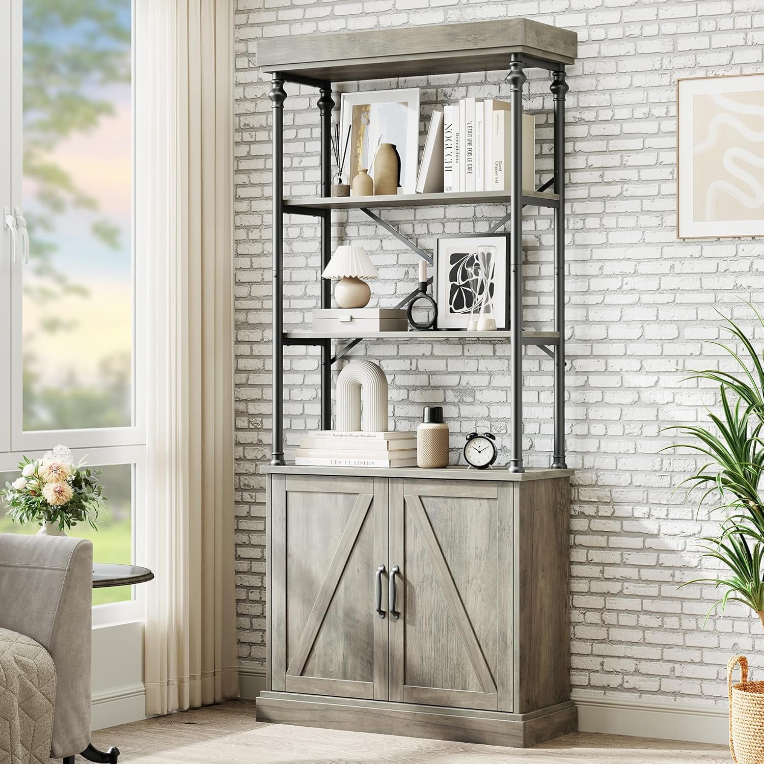 Roromall 73" Tall Bookshelf with Doors Industrial Storage Open Rack ...