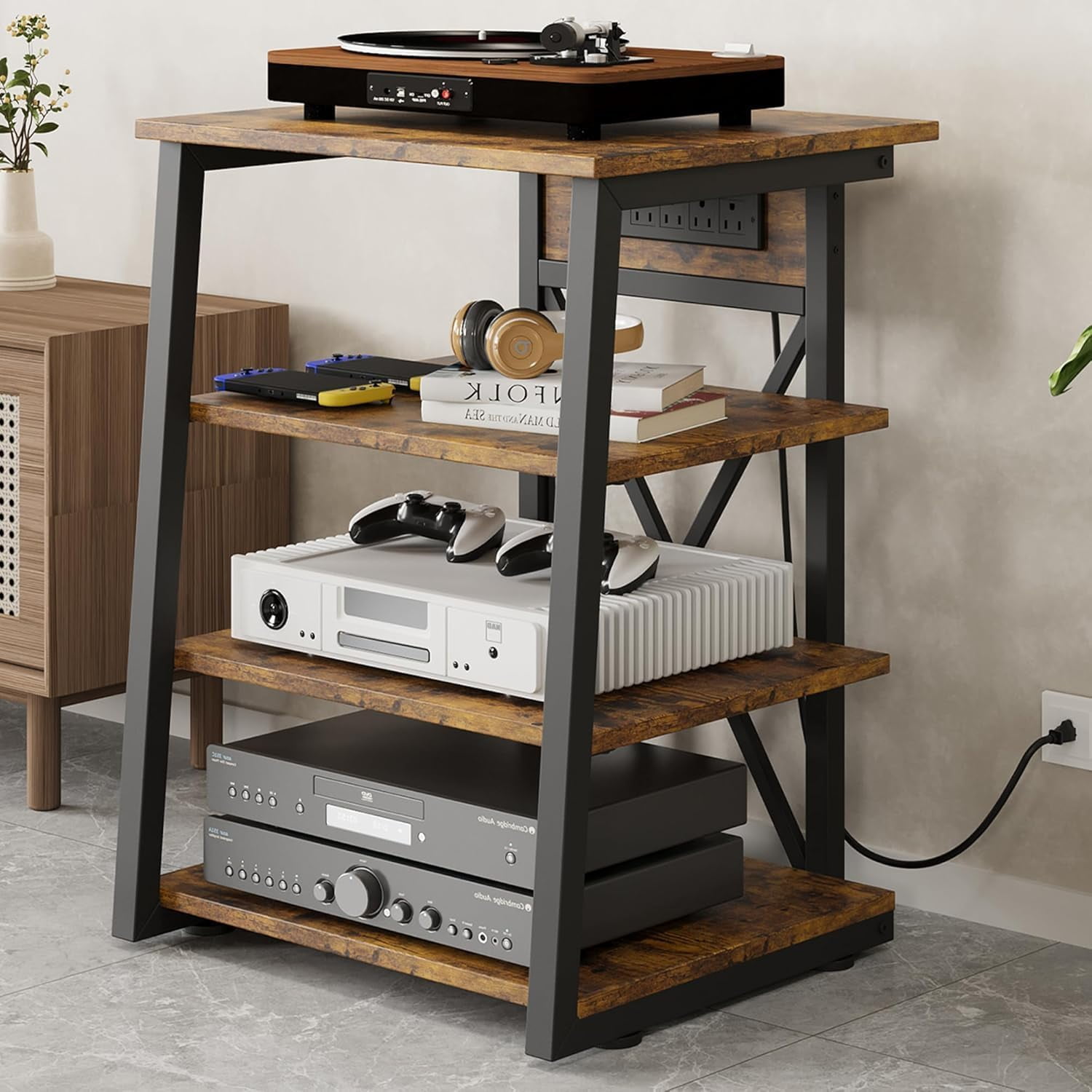 Roromall AV Media Stand with Outlets - 4-Tier Media Console Stereo ...