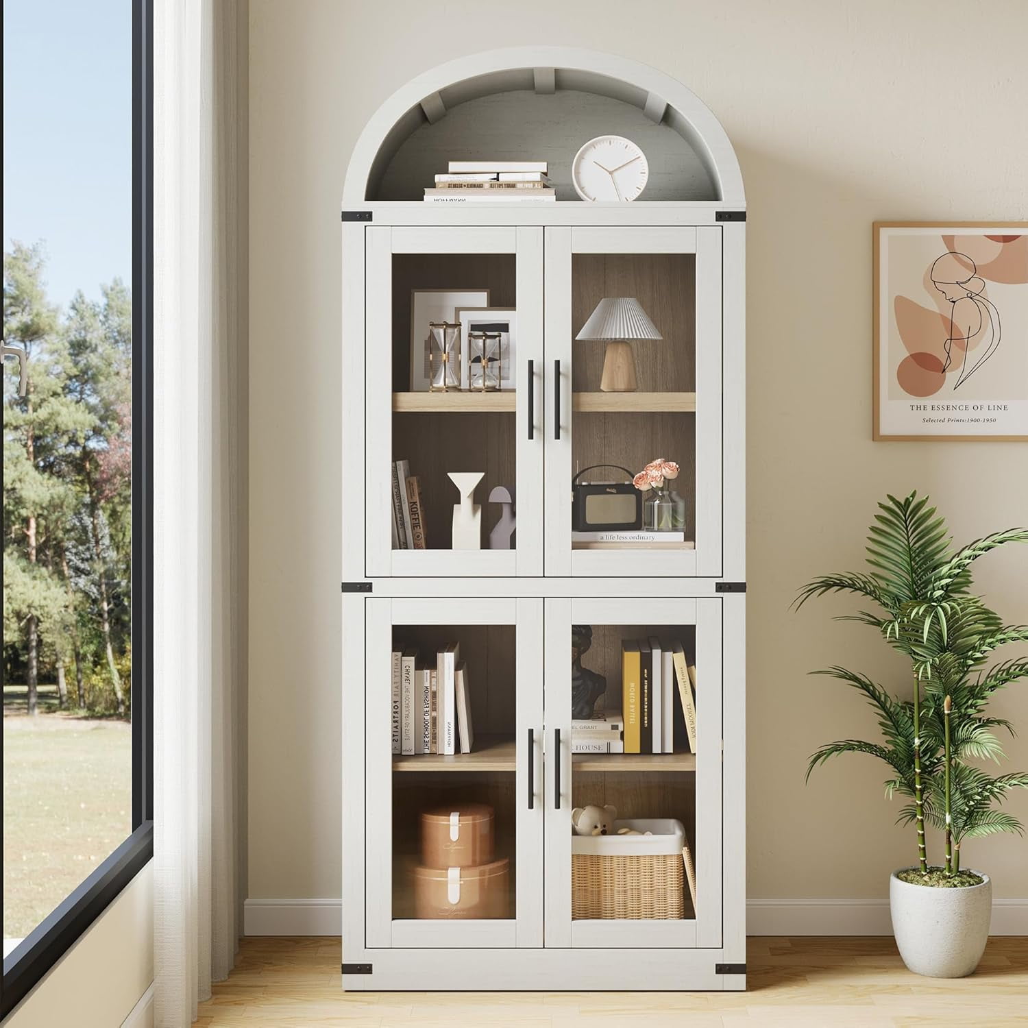 Roromall Arched Bookshelf with Glass Door Farmhouse Bookcase Display ...
