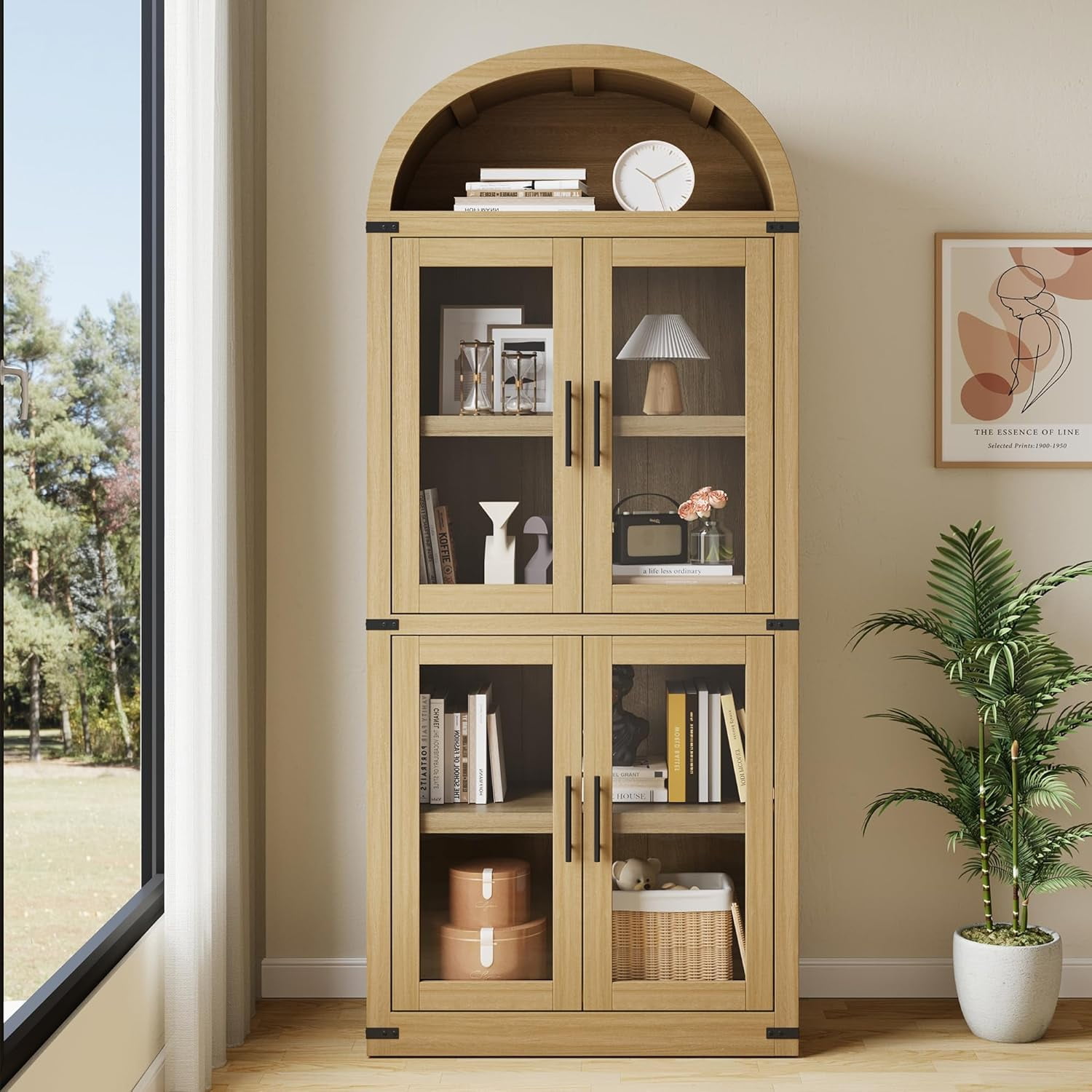 Roromall Arched Bookshelf with Glass Door Farmhouse Bookcase Display ...