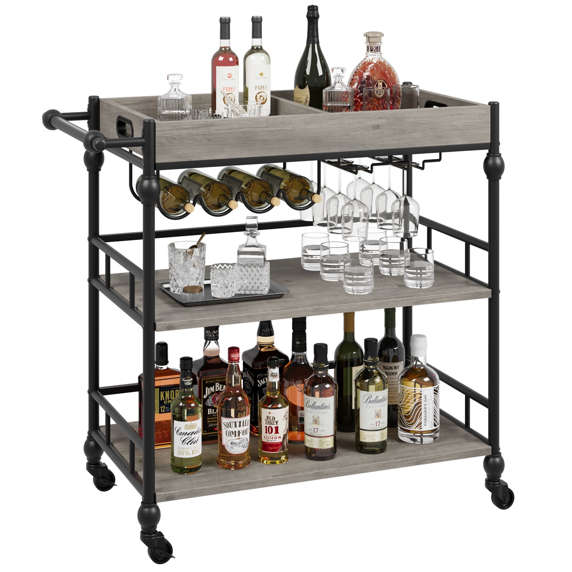 Roromall Bar Carts for The Home, 3 Tier Serving Cart with Wheels, Metal ...