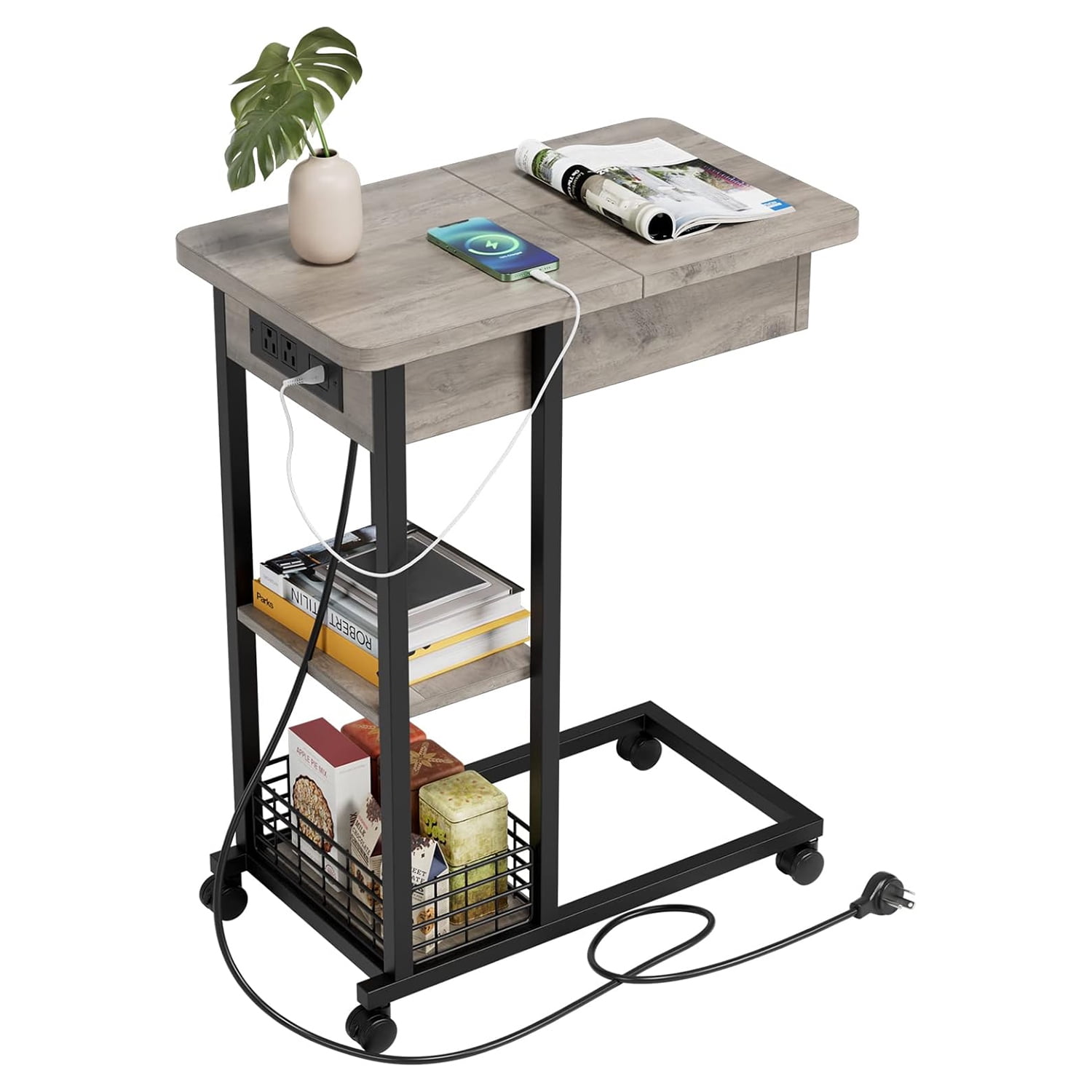 Roromall C-Shaped Side Table with Charging Station, Flip Top Sofa End ...