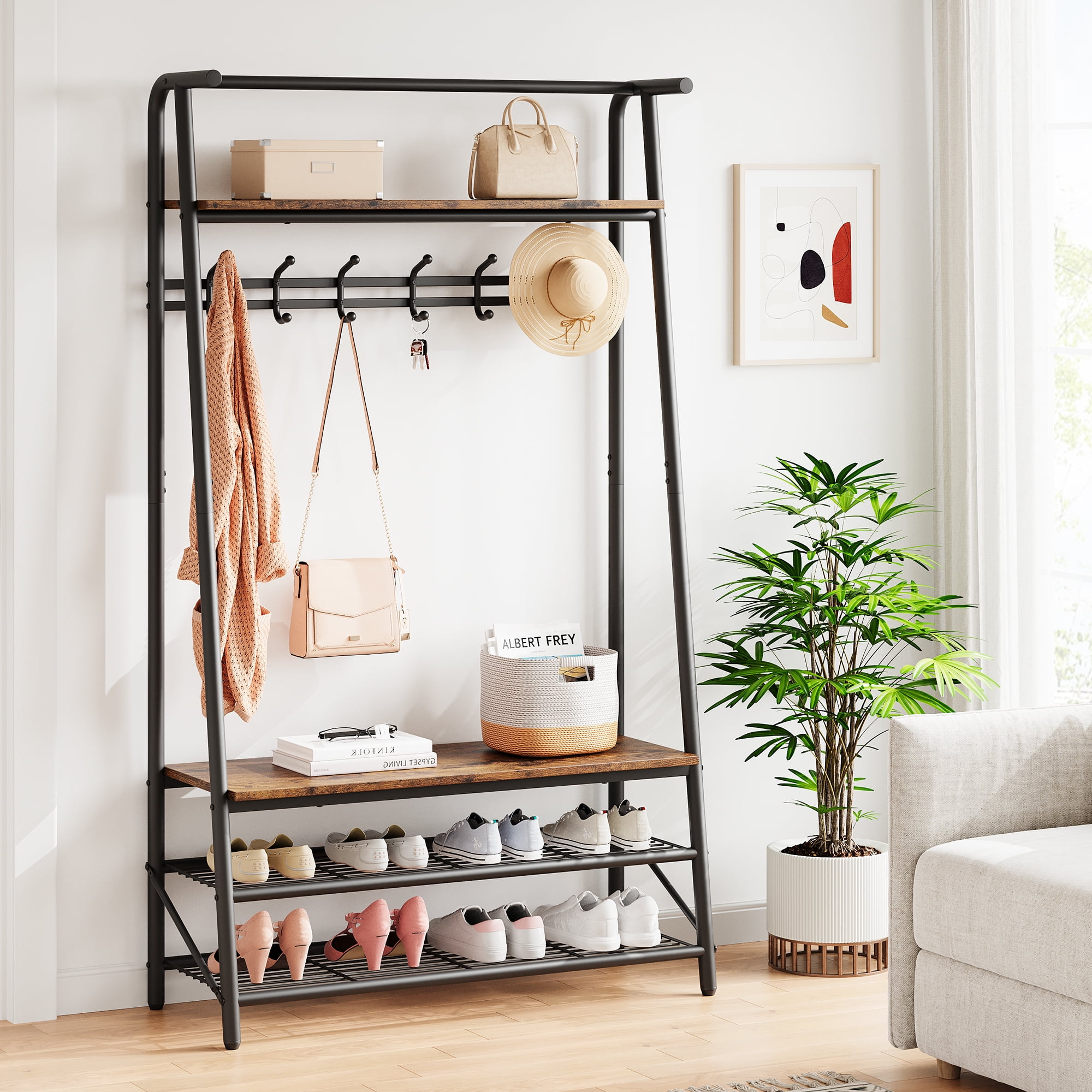 Roromall Coat Rack Shoe Bench with Hooks, Hall Trees Entryway Bench ...