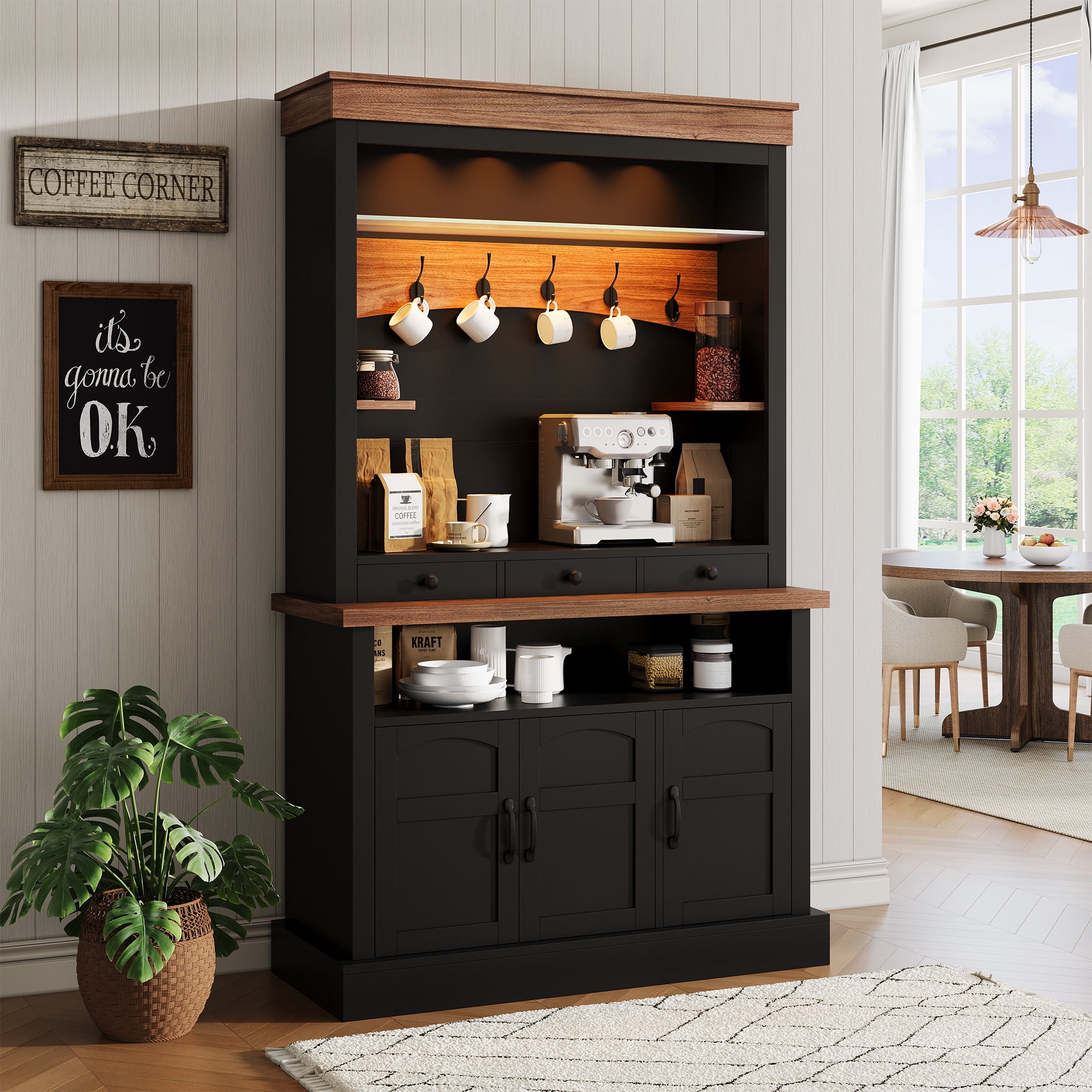Roromall Coffee Bar Cabinet with LED Light, 72" Tall Farmhouse Coffee ...