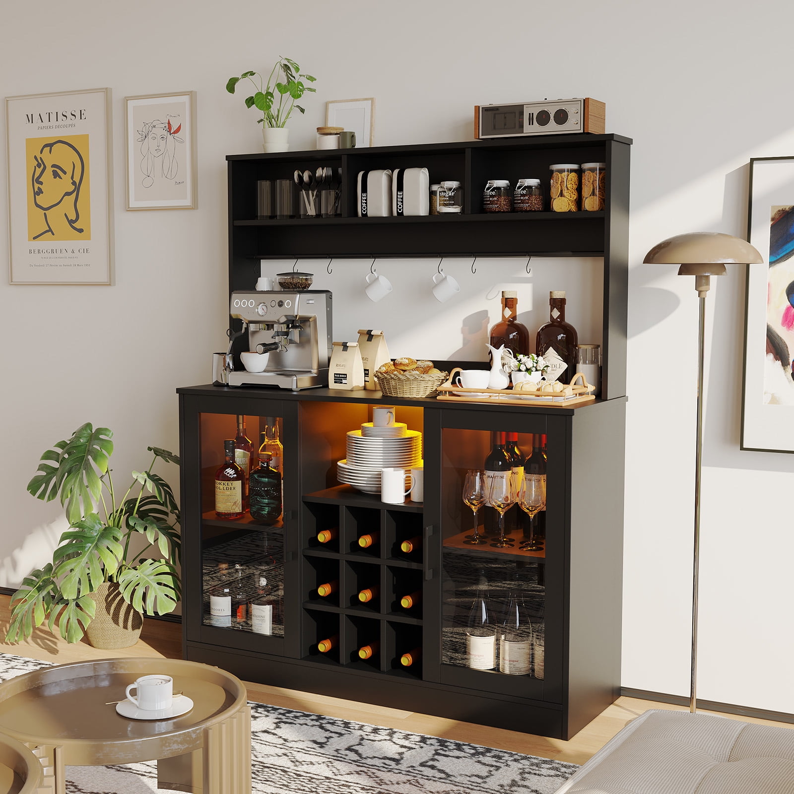 Roromall Coffee Bar Cabinet Wine Rack with LED Light, Power Outlet ...