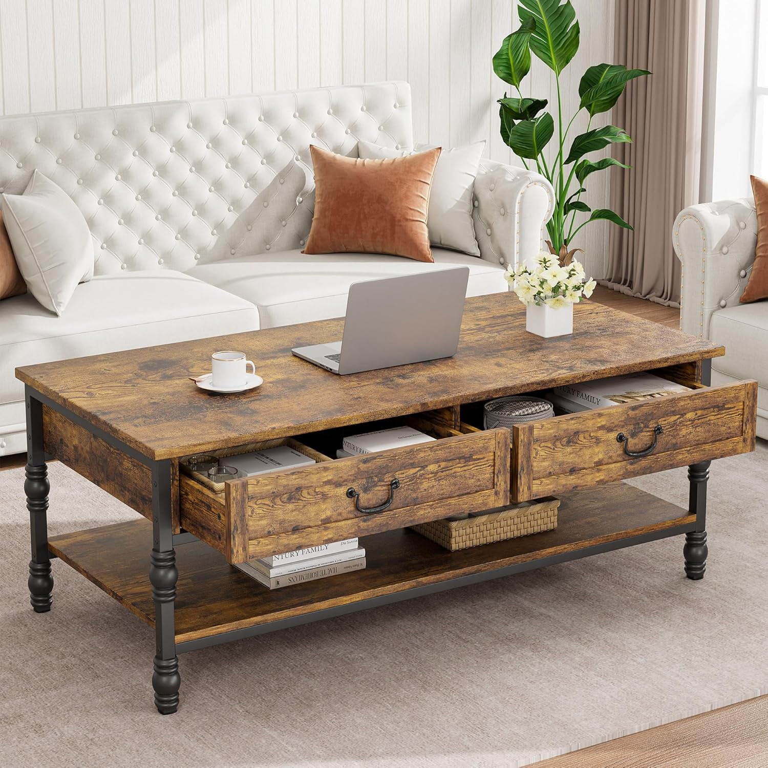Roromall Coffee Table with Drawers, 41" Wooden Table with Storage Rectangular Cocktail Tables ...