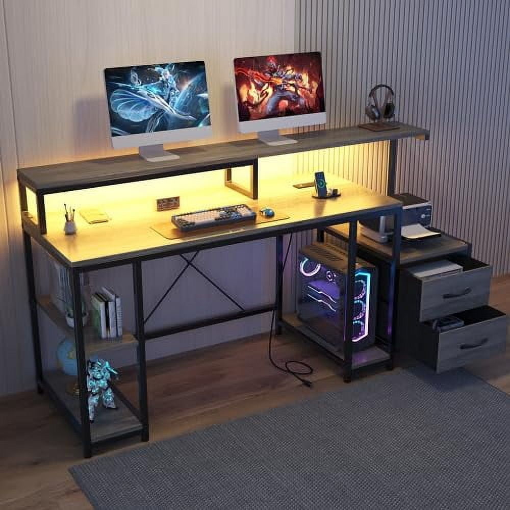 Roromall Computer Desk with LED Light & Power Outlets, 63" Office Desk ...