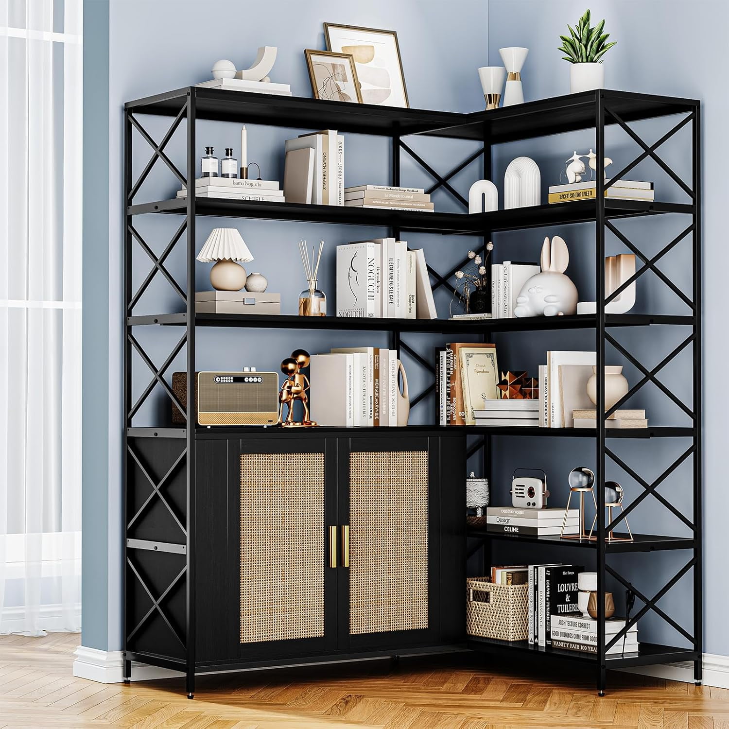 Roromall Corner Bookshelf, 6-Shelf Bookcase, Adjustable L-Shaped Book ...