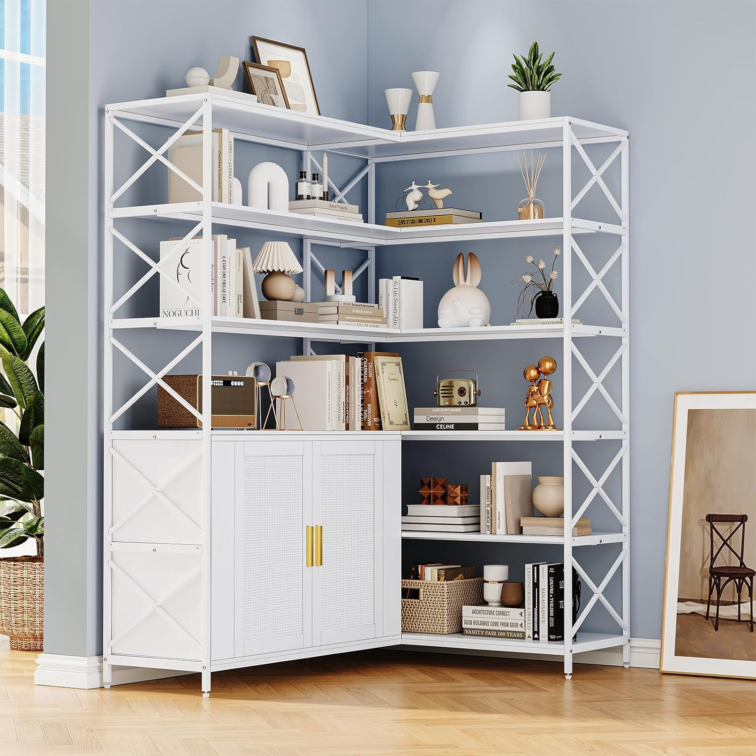 Roromall Corner Bookshelf, 6-Shelf Bookcase, Adjustable L-Shaped Book ...