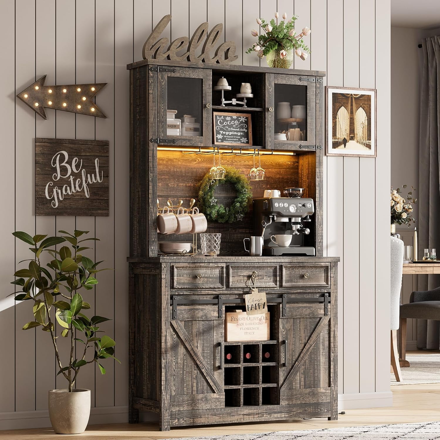 Roromall Farmhouse 72'' Coffee Bar Cabinet with LED Light and Power ...