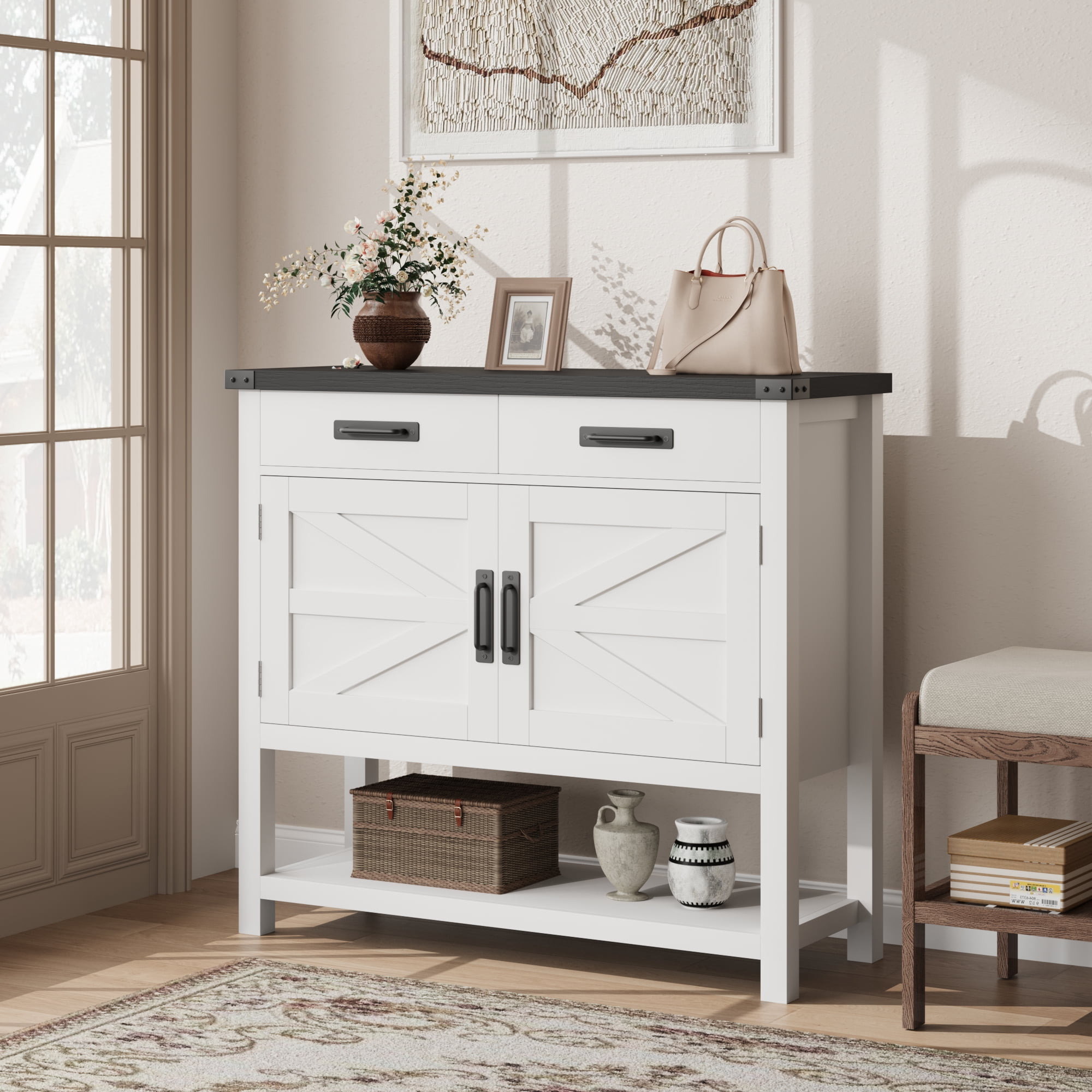 Roromall Farmhouse Entryway Table with 2-Door Cabinet & 2 Drawers, Wood ...