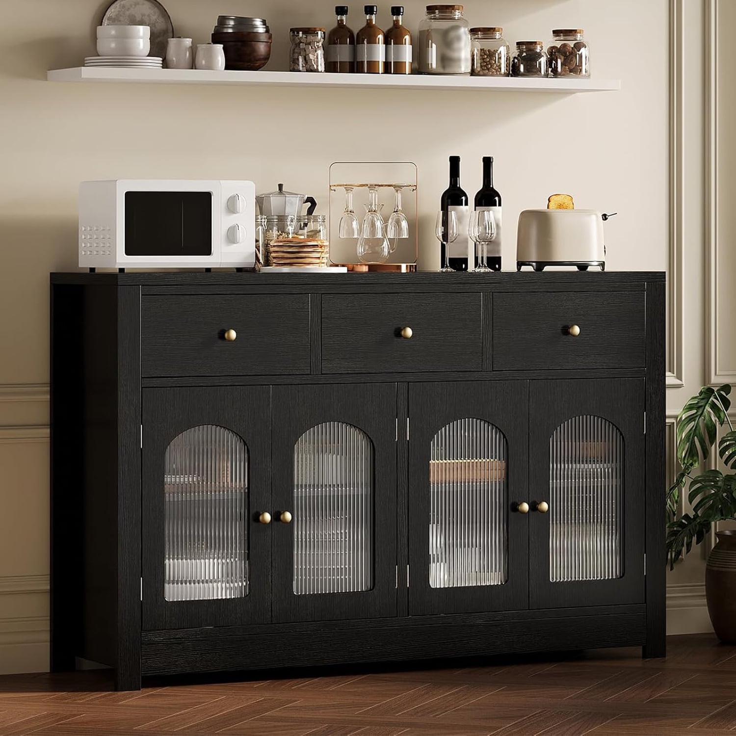Roromall Farmhouse Large Buffet Sideboard Cabinet with 4 Doors & 3 Drawers, Kitchen Cabinet ...