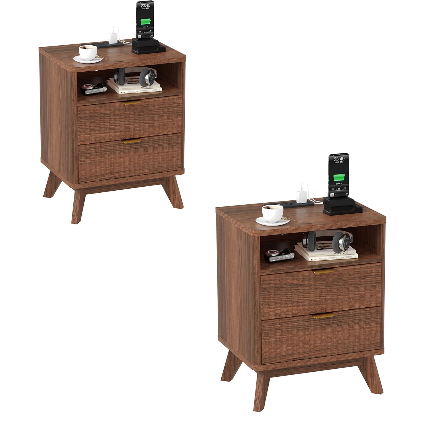 Roromall Fluted Nightstand, Wood Night Stands with USB Ports and ...