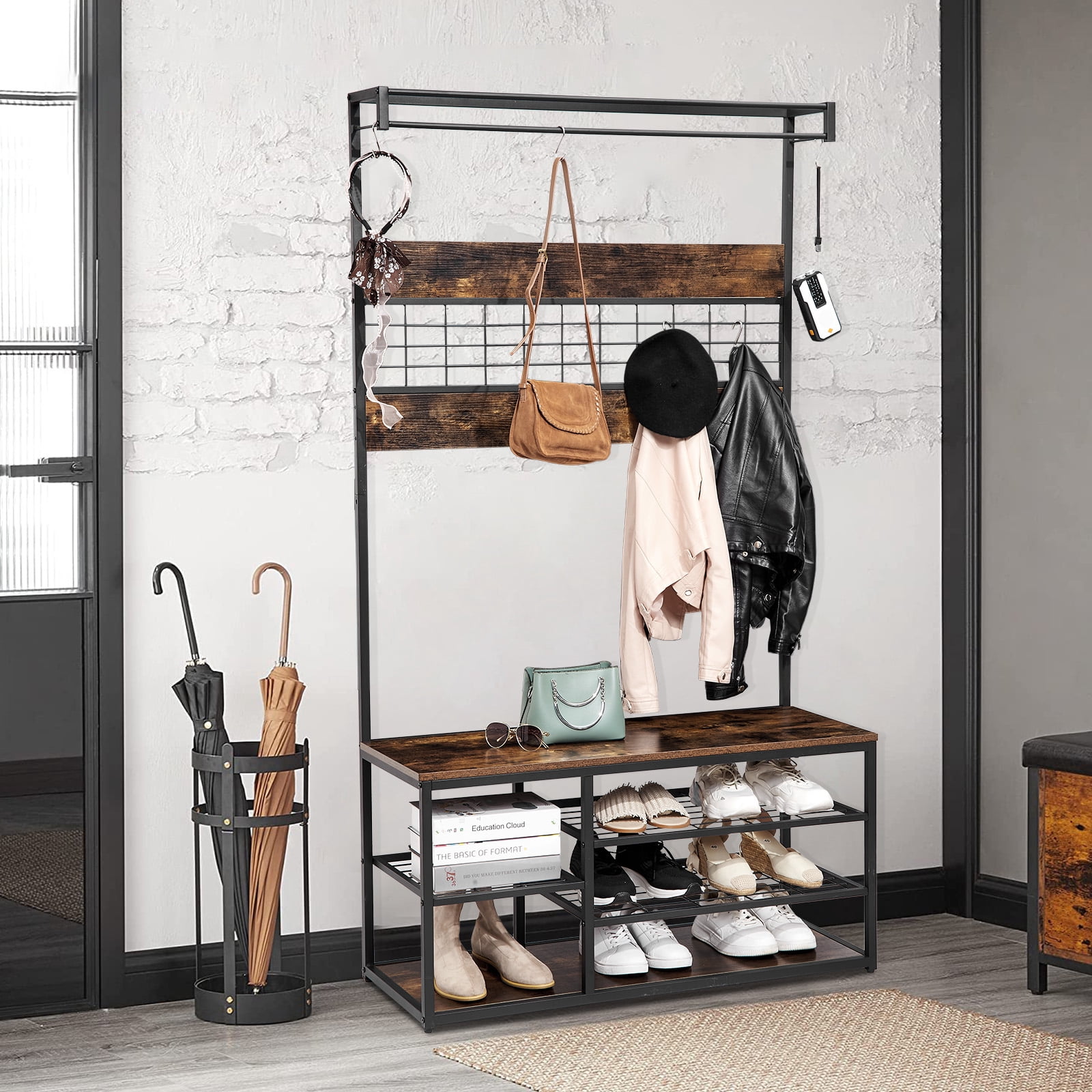 Roromall Industrial Coat Rack, Hall Tree with Shoe Storage, Shoe Bench ...