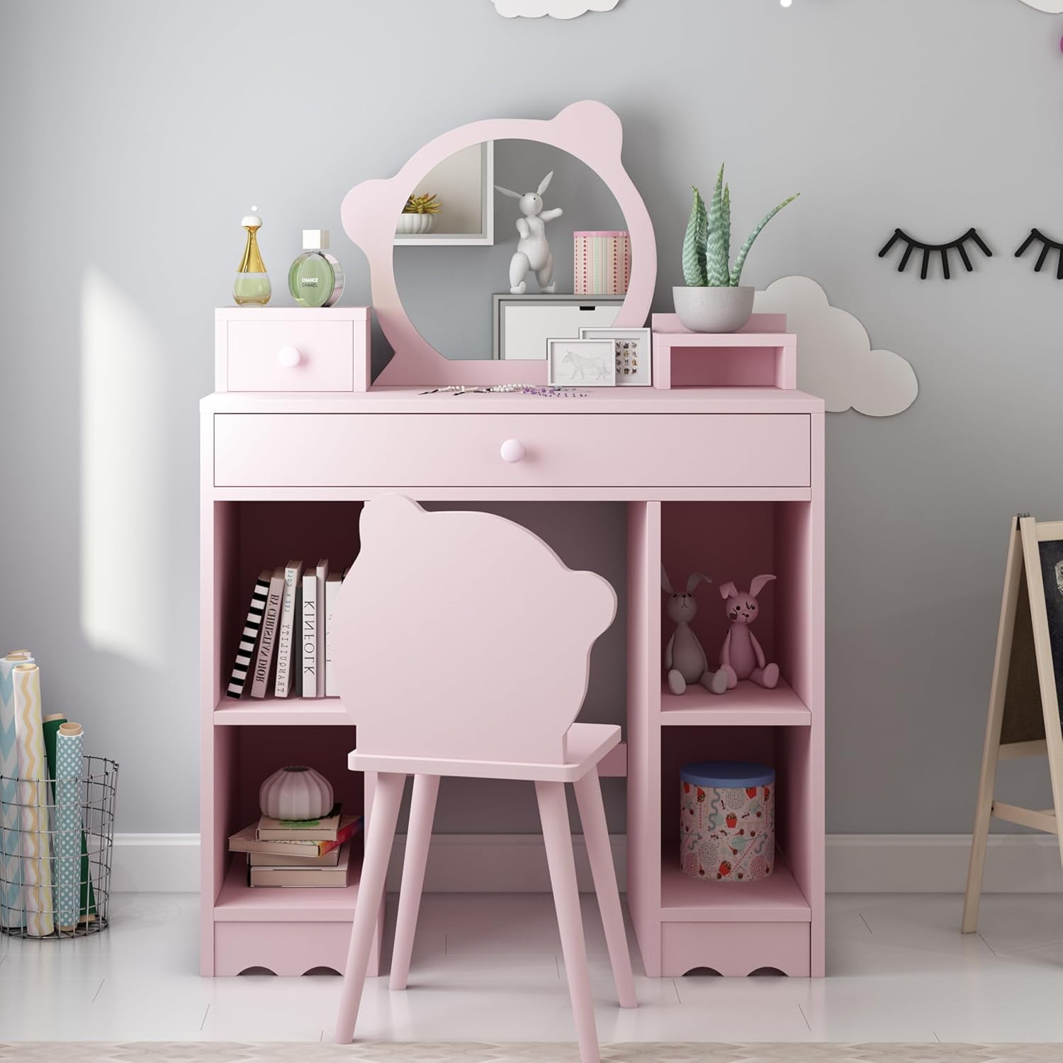 Roromall Kids Pink Vanity Set, Little Girl Makeup Table with a Bear ...