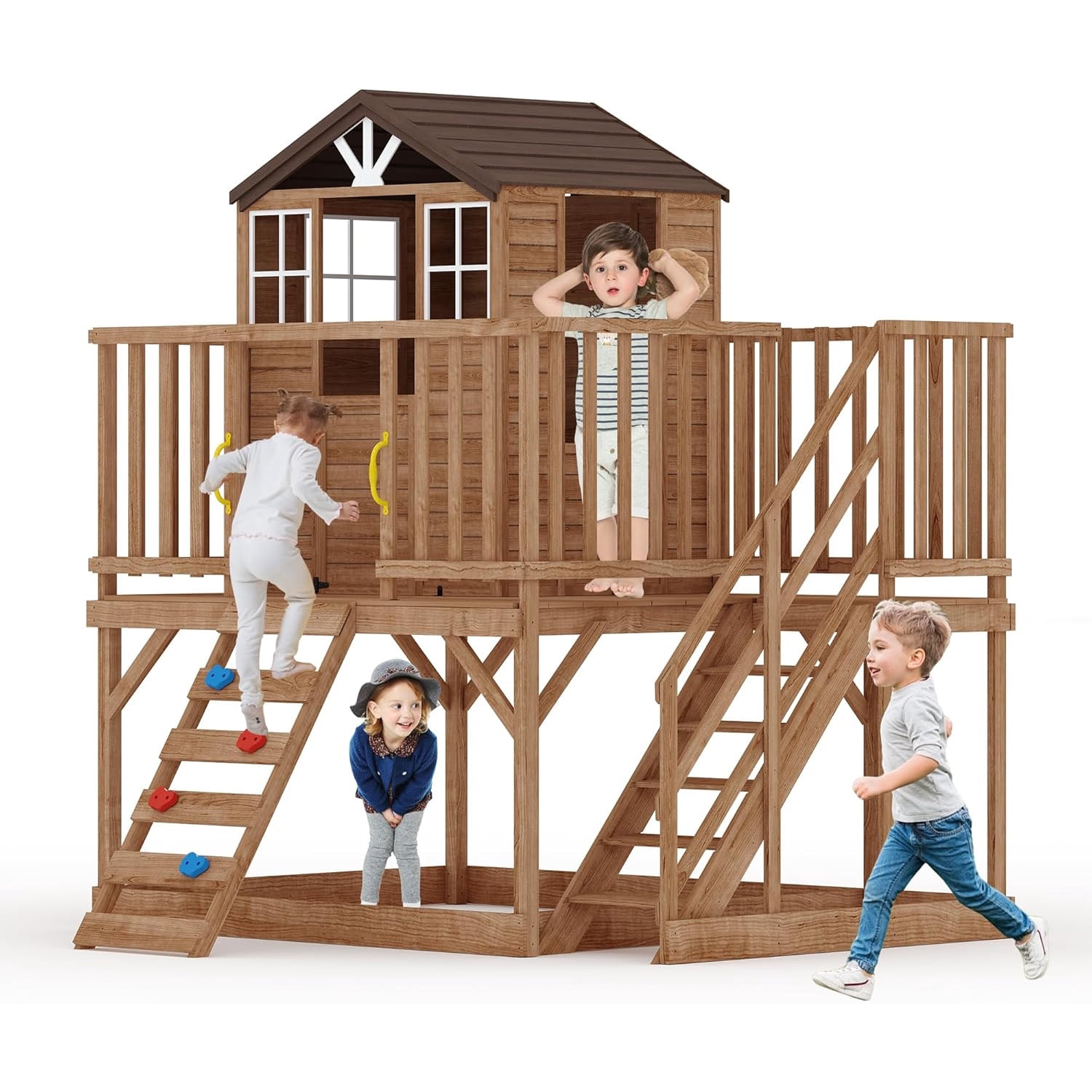 Roromall Outdoor Playhouse with Climbing Wall, 2 Story Wooden Playhouse ...