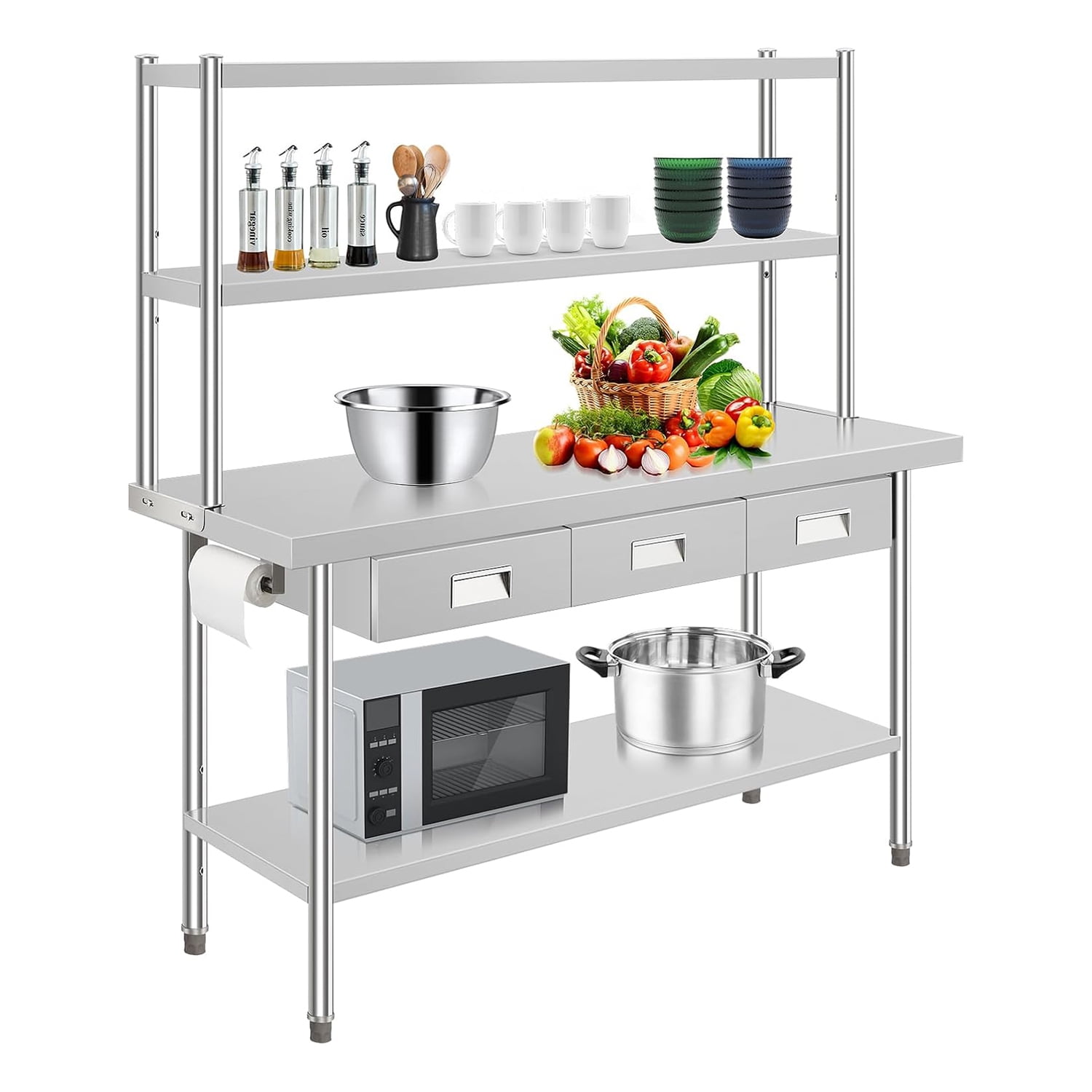 Roromall Stainless Steel Table with Overshelves and 3 Drawers, NSF Work ...