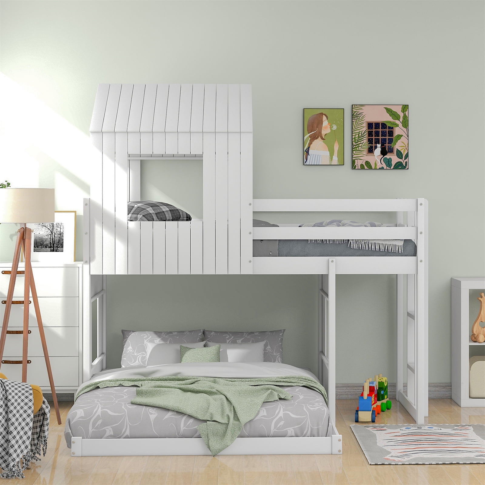 Roromall Twin Over Full House Bunk Bed with L-Shaped Fort Loft Bunk ...