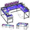 Garvee U Shaped Computer Gaming Desk with LED Light & Power Outlets ...