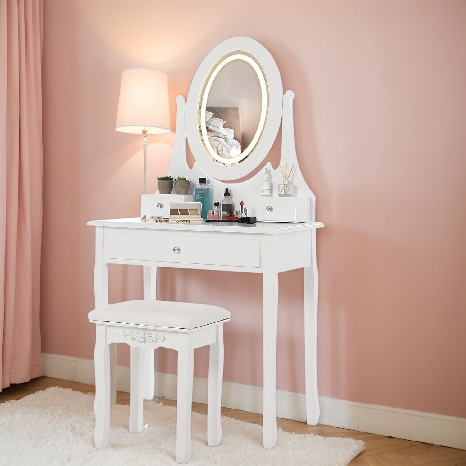 Roromall Vanity Table with LED Lighted Mirror, Modern Vanity Desk and ...