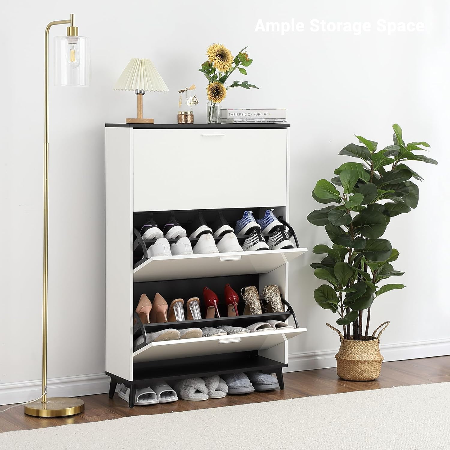 Roromall Wooden Shoe Cabinet, Shoe Storage Cabinet with 3 Flip Drawers ...