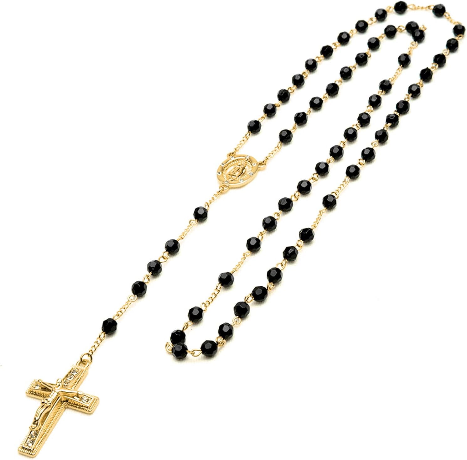 Rosary 6 mm Black Bead Gold and Silver Plated Guadalupe & Jesus Cross 28" Necklace HR 600[a753 ...