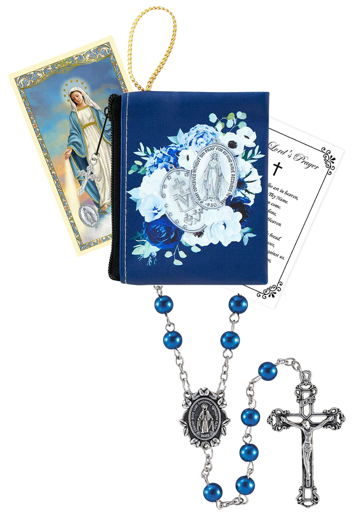 Rosary Miraculous Medal - with Miraculous Medal Prayer Card, Floral ...