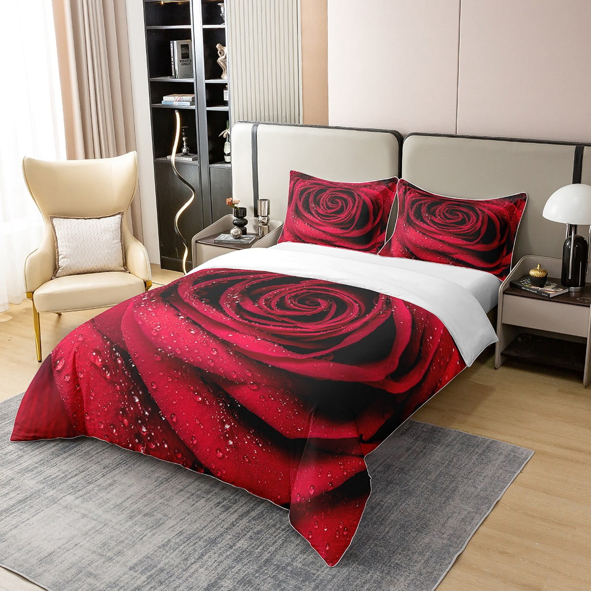 Rose 100% Cotton Duvet Cover Queen, Romantic Red Rose Floral Bedding ...