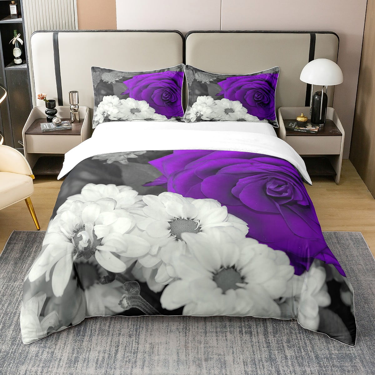 Rose 100% Cotton Duvet Cover Twin, Purple Rose Floral Bedding Set ...