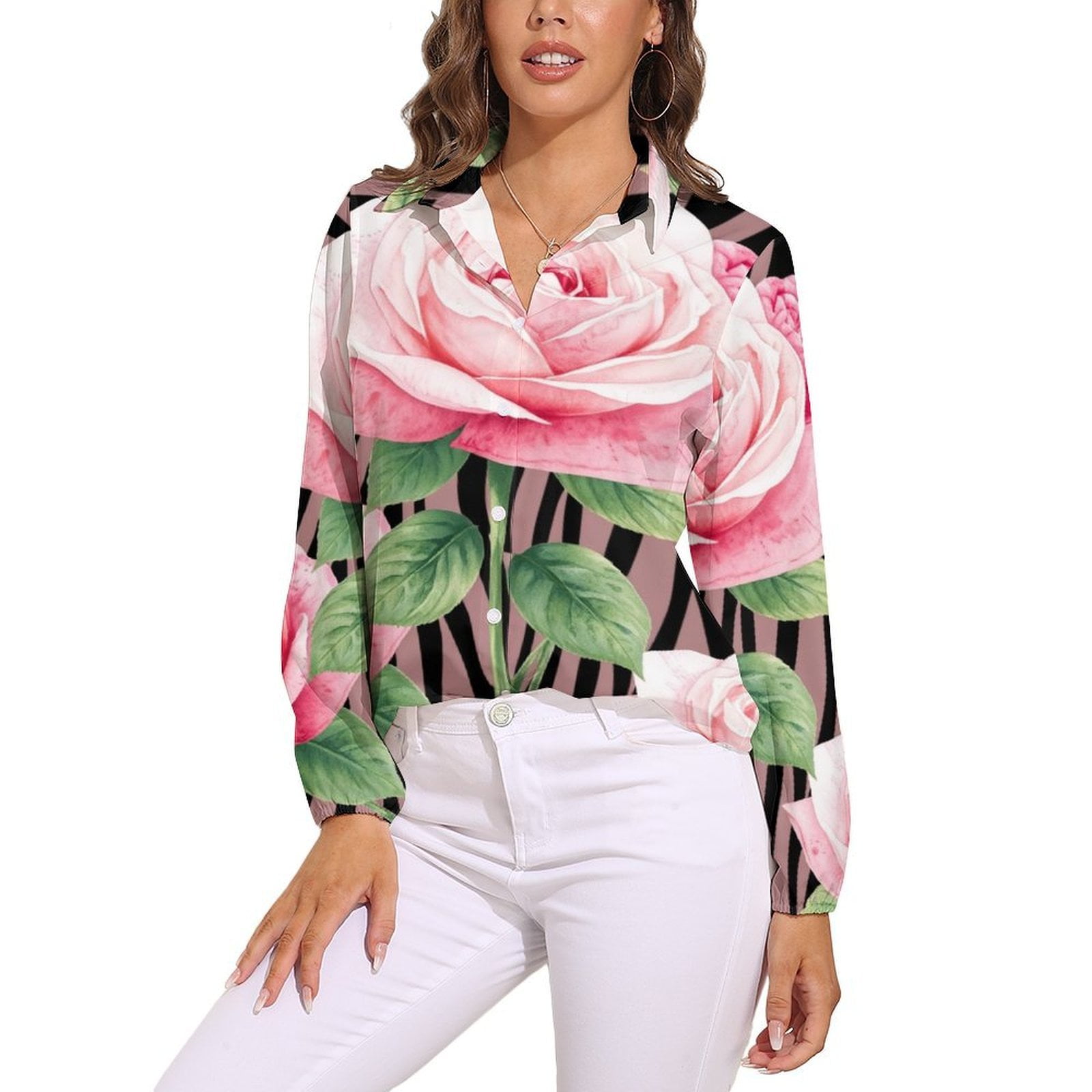 Rose And Zebra Print Pattern Blouse For Women Loose Blouses Long Sleeve ...