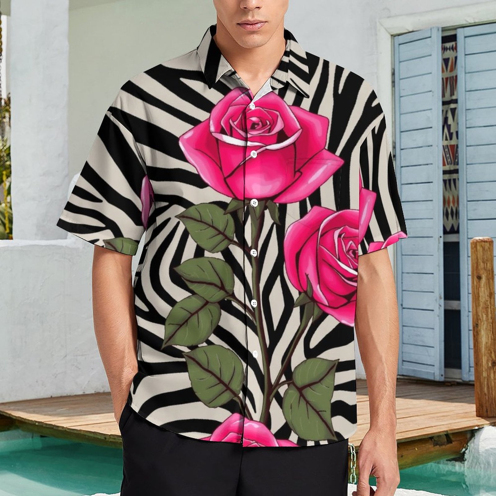 Rose And Zebra Print Pattern Male Retro Print Casual Shirts Hawaiian ...