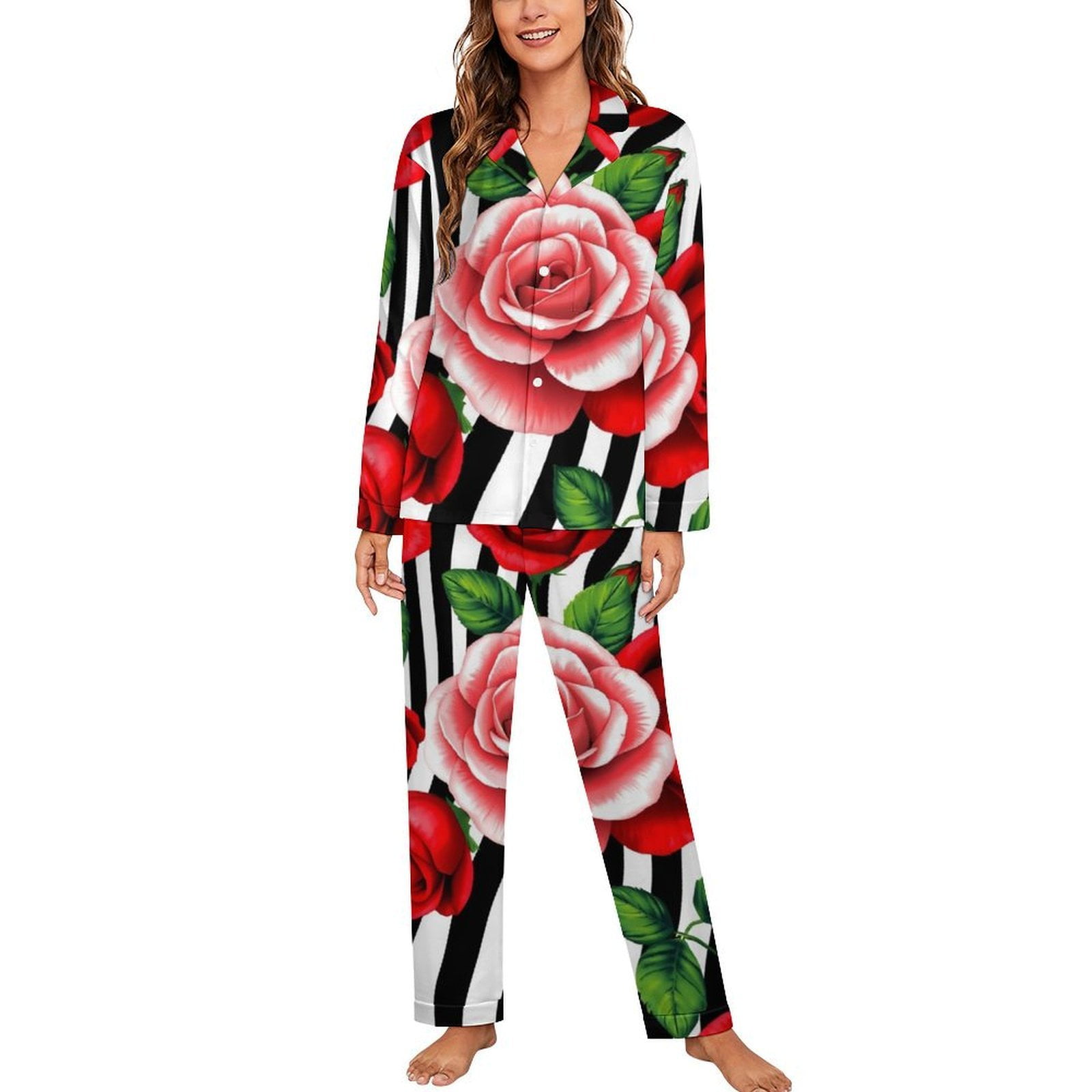 Rose And Zebra Print Pattern Pajamas Night V Neck Nightwear Lady Two ...
