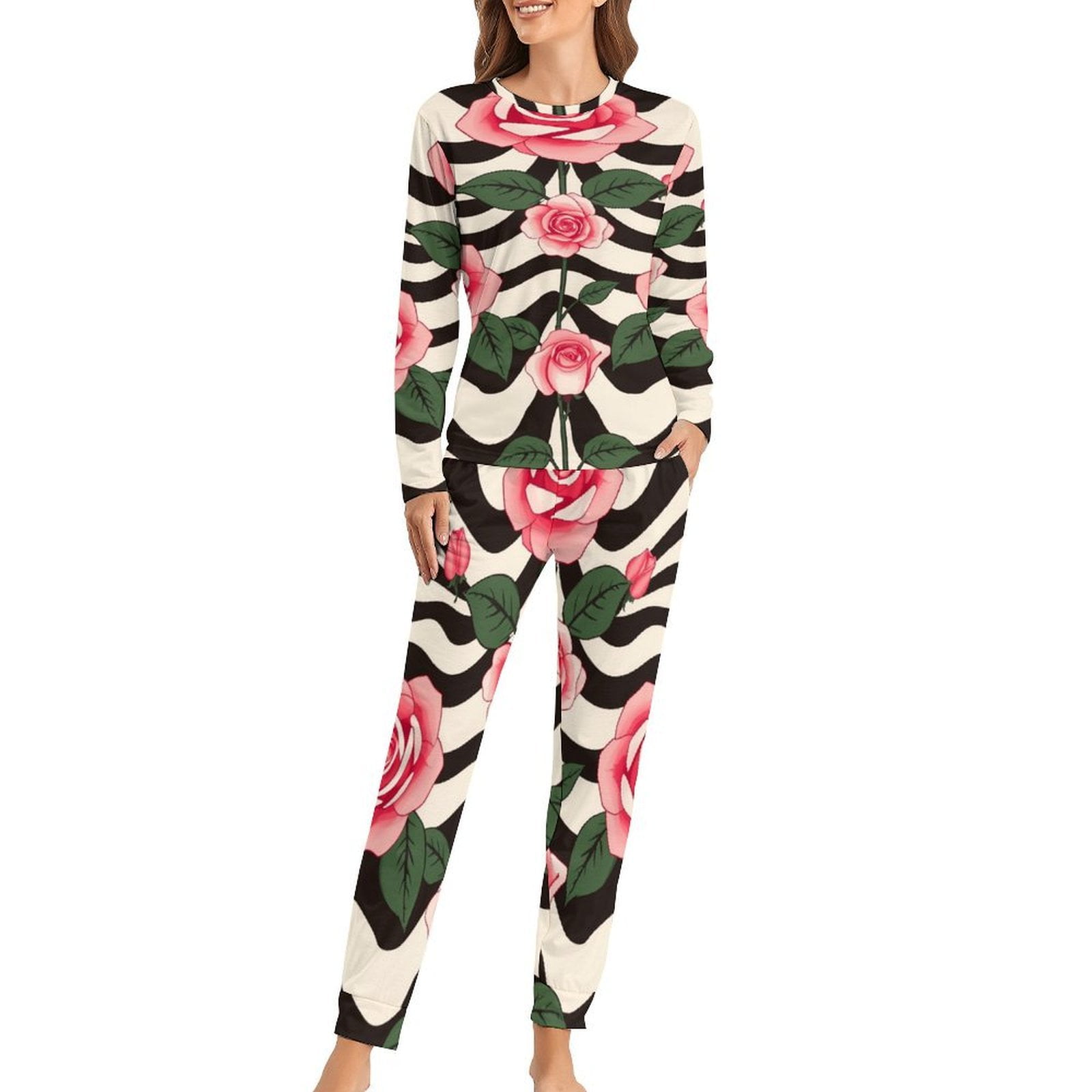 Rose And Zebra Print Pattern Pajamas Woman Two Piece Design Long ...