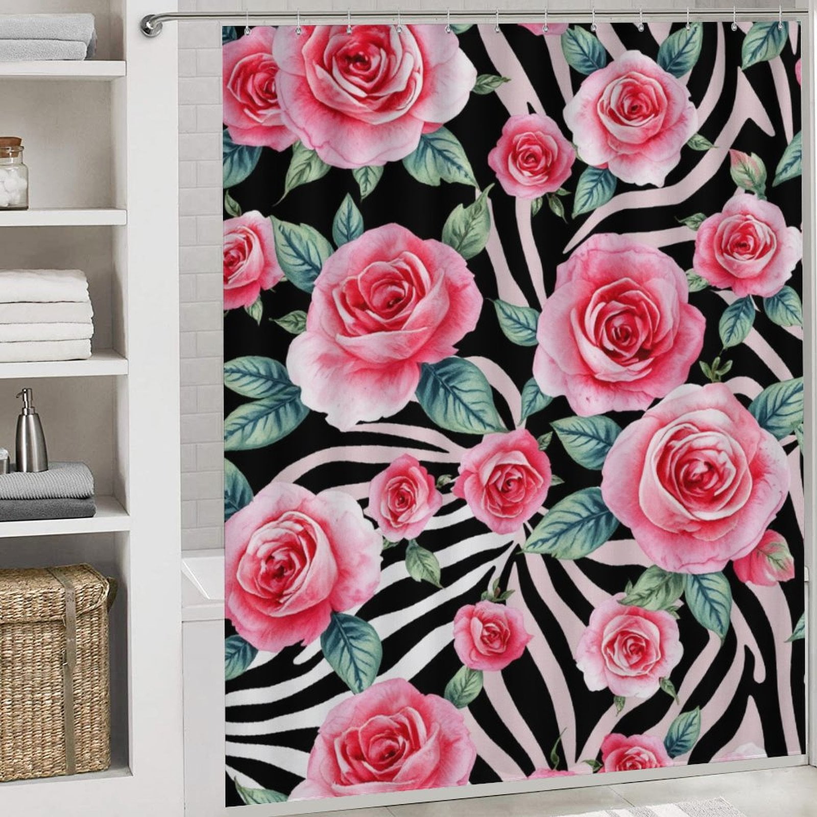 Rose And Zebra Print Pattern Shower Curtains Bath Screen Waterproof ...