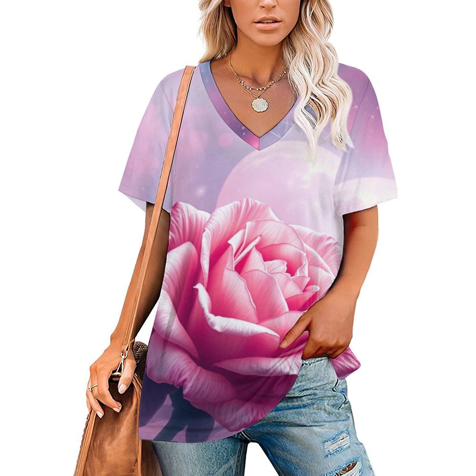 Rose And Zebra Print Pattern T Shirts V Neck Short Sleeve Print Top ...