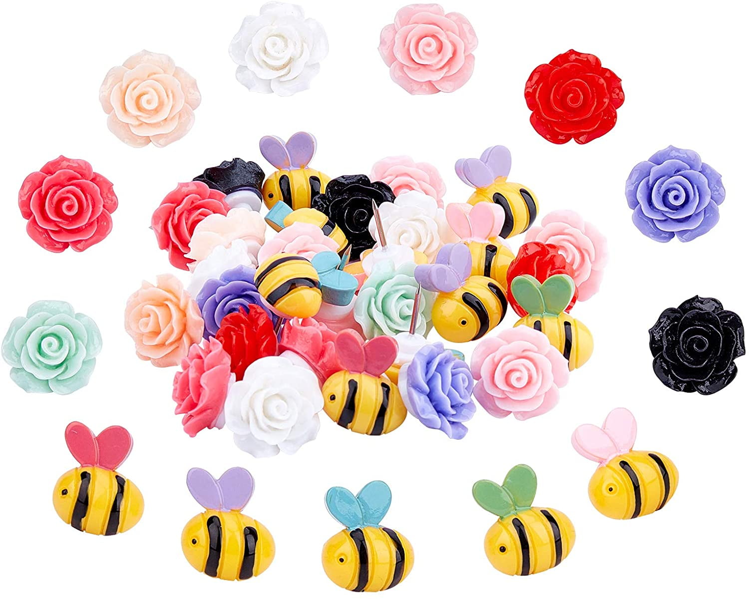 Rose Bees Pushpins 30 Pcs Colorful Resin Iron Map Pins for Photo Wall ...