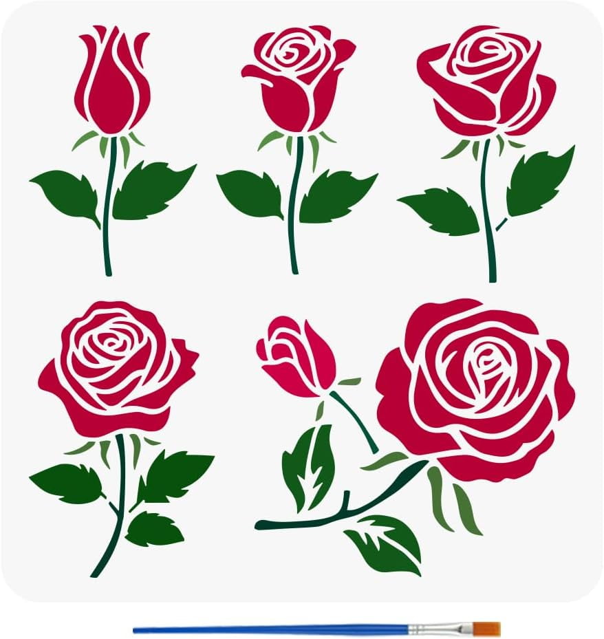 Rose Bloom Painting Stencil 11.8x11.8inch with Paint Brush Reusable ...