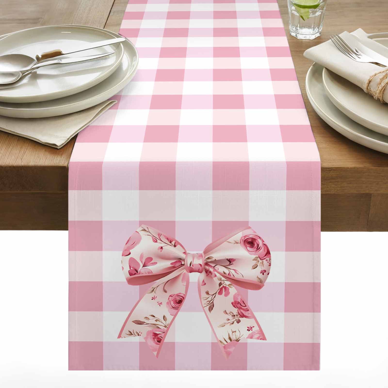 Rose Bow Cotton Linen Table Runner Spring Pink Rose Flower Bow Pink ...