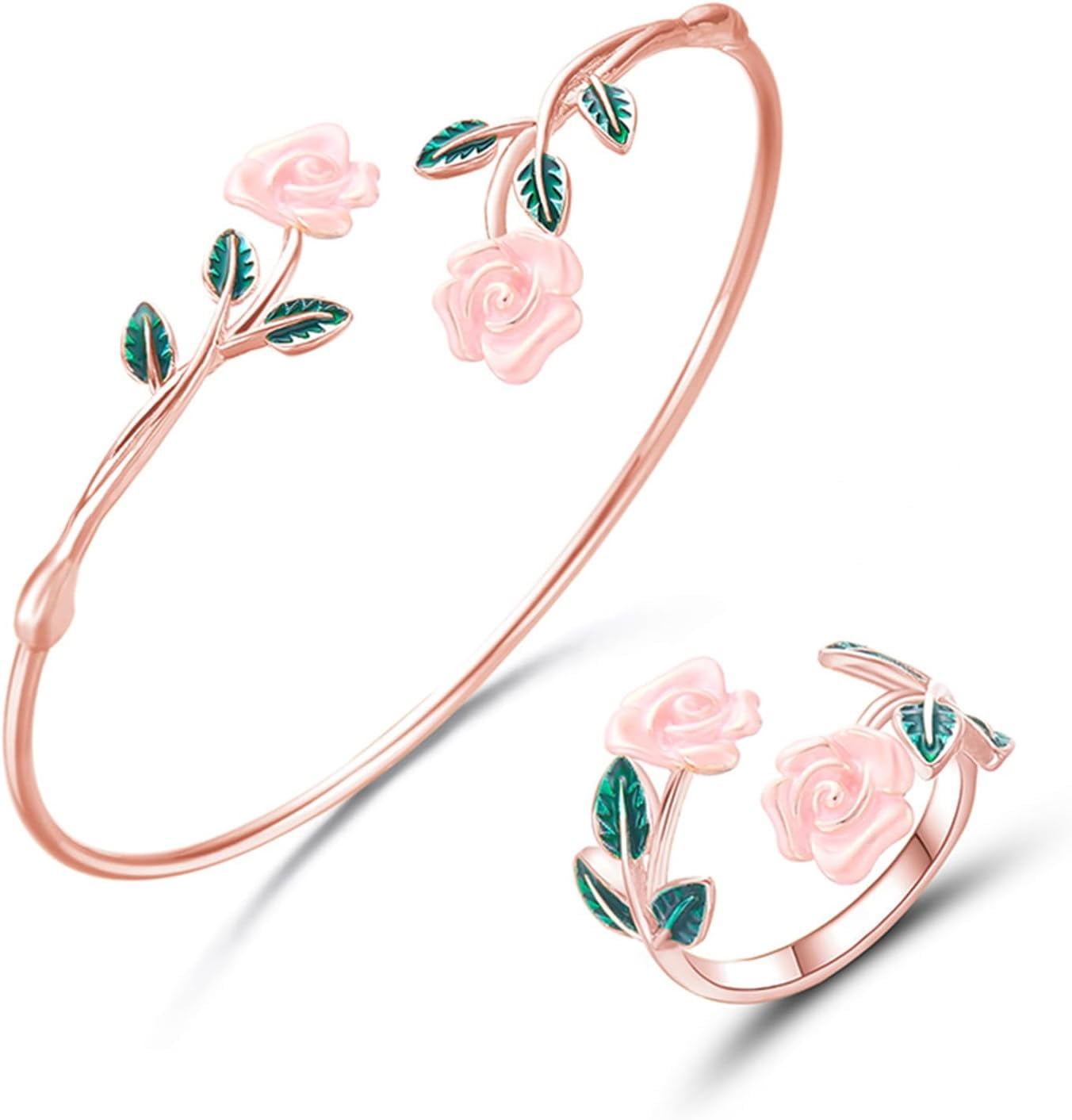 Rose Bracelet Ring Set for Women Dainty Fashion Red Roses Flower Green ...