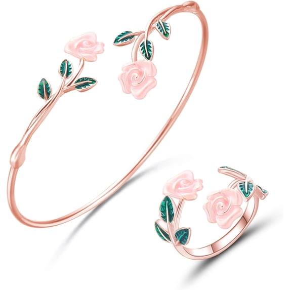 Rose Bracelet Ring Set for Women Dainty Fashion Red Roses Flower Green ...