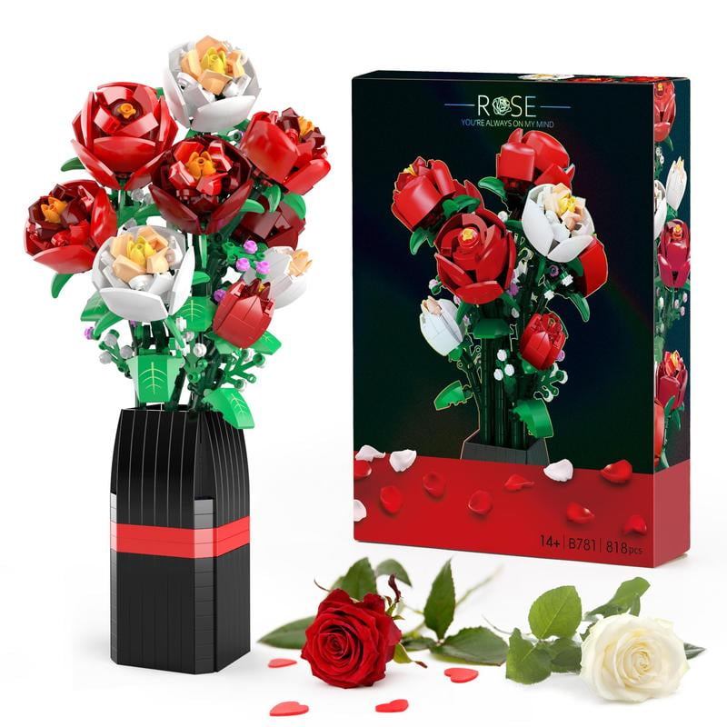 Rose Building Blocks, 1 Box Flower Building Blocks with Vase, DIY ...