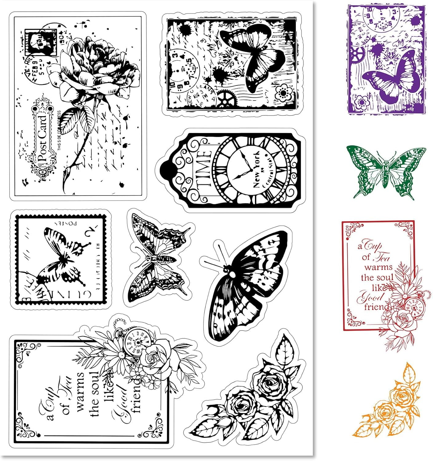 Rose Clear Rubber Stamps Butterfly Manuscript Words Post Cards Postmark ...