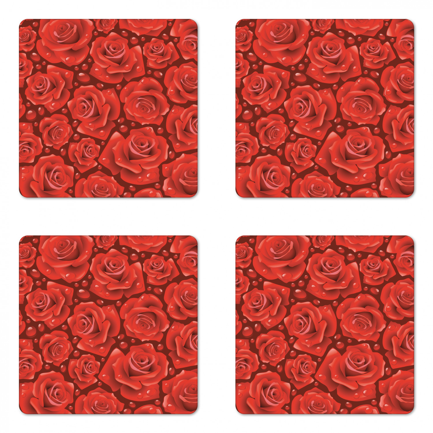Rose Coaster Set of 4, Vivid Red Roses Rain Water Drops Graphic Dewy ...