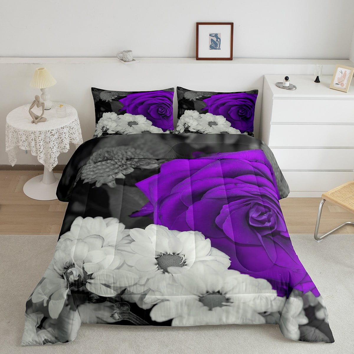 Rose Comforter Set Twin Size, Purple Rose Floral Bedding Set, Romantic ...