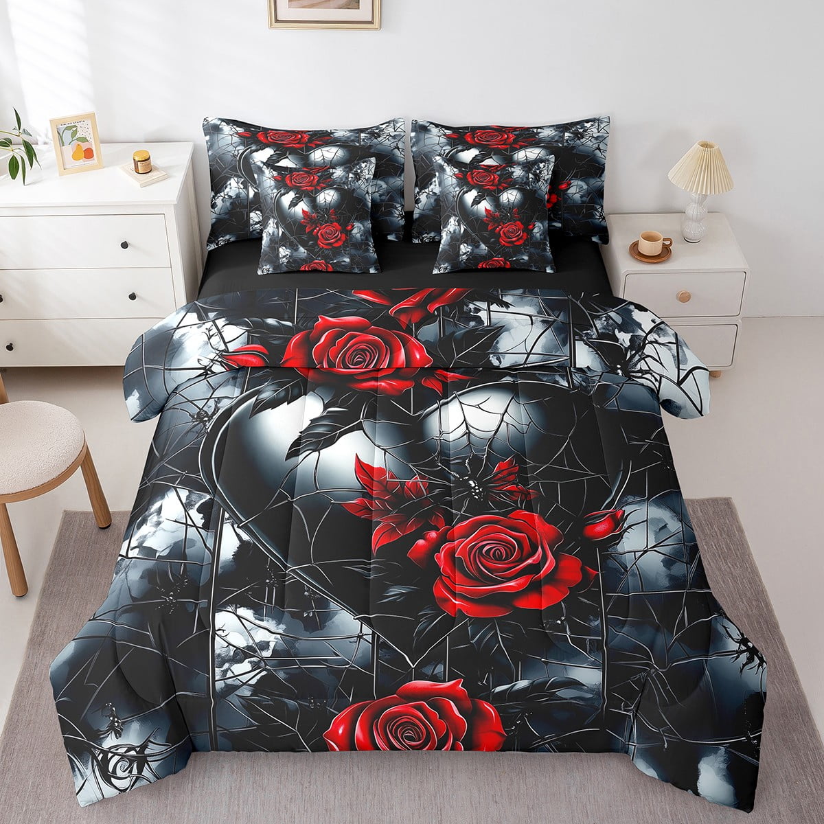 Rose Comforter Sets Red Rose Flowers King 7 Piece Bedding Set Adults ...