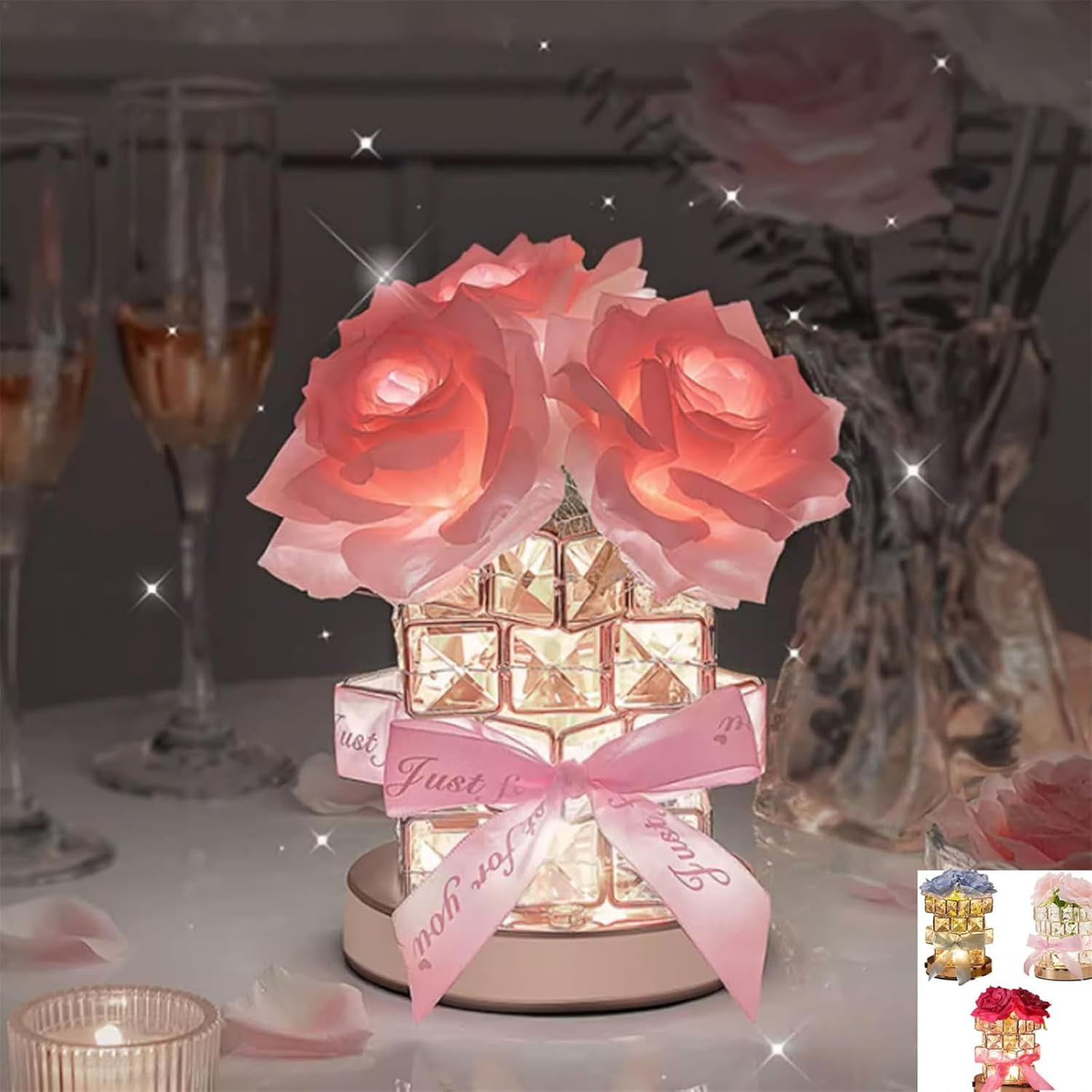 Rose Crystal Table Lamp, Rechargeable Rose Light 3 Colors Dimmable ...