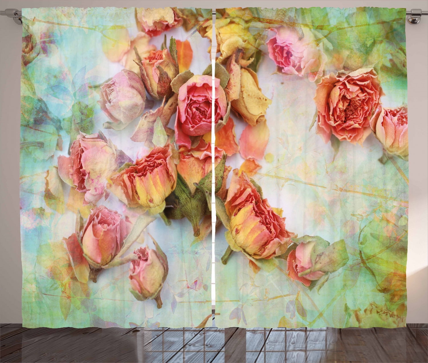 Ambesonne Rose Curtains 2 Panel Set, Dried Petals Nostalgia, 108" x 90 ...