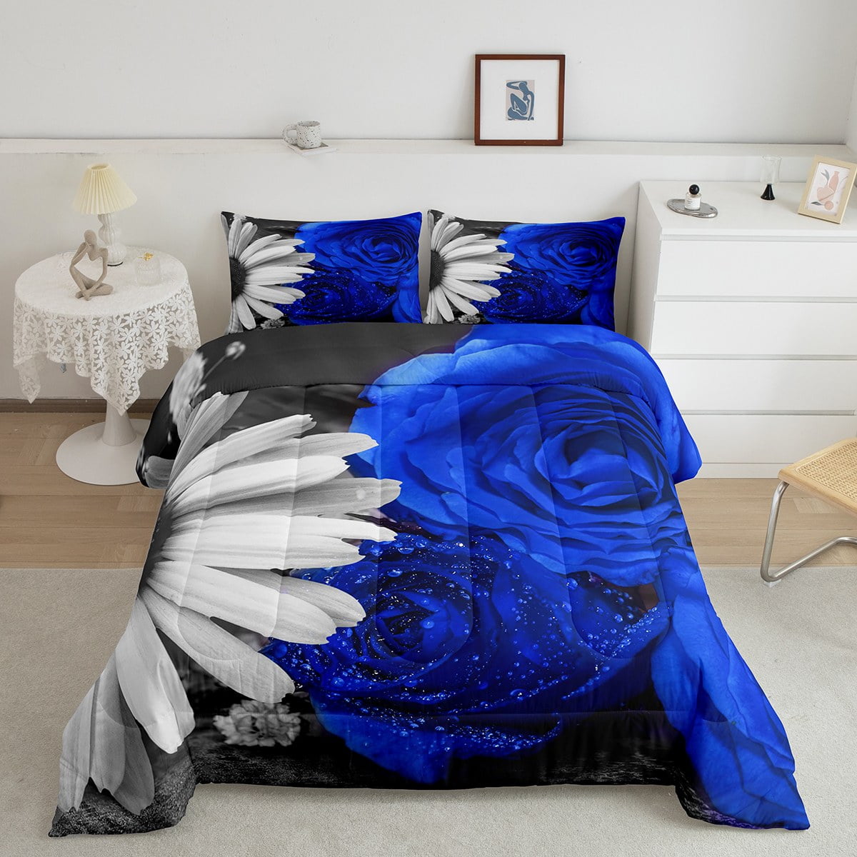 Rose Daisy Bedding Set Full Size, 3D Printed Blue Rose Comforter Set ...