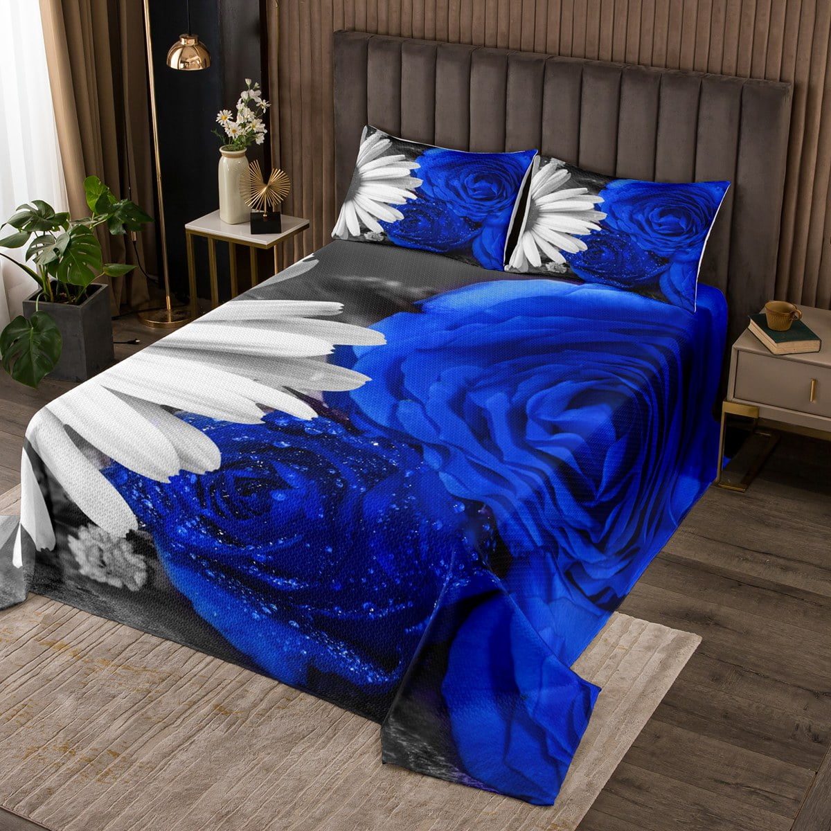 Rose Daisy Bedspread Set Queen Size, 3D Printed Blue Rose Quilt Set ...